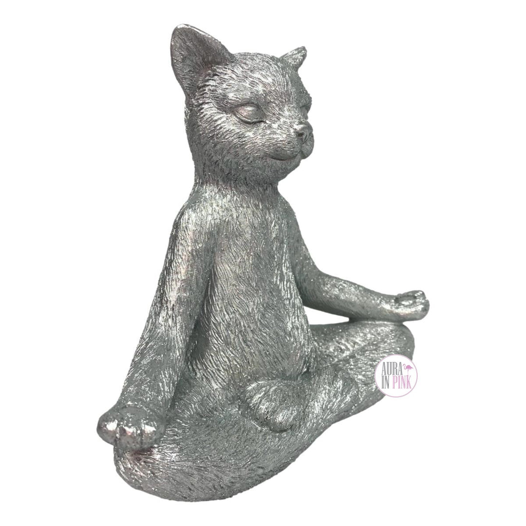 Namaste Yoga Cat Sparkling Silver Resin Statue Décor – Aura In Pink Inc.
