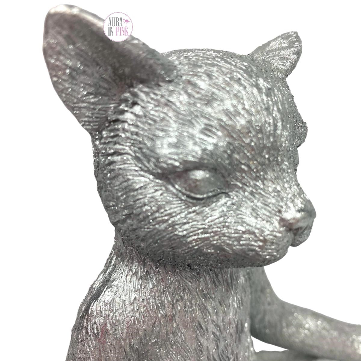 Namaste Yoga Cat Sparkling Silver Resin Statue Décor – Aura In Pink Inc.