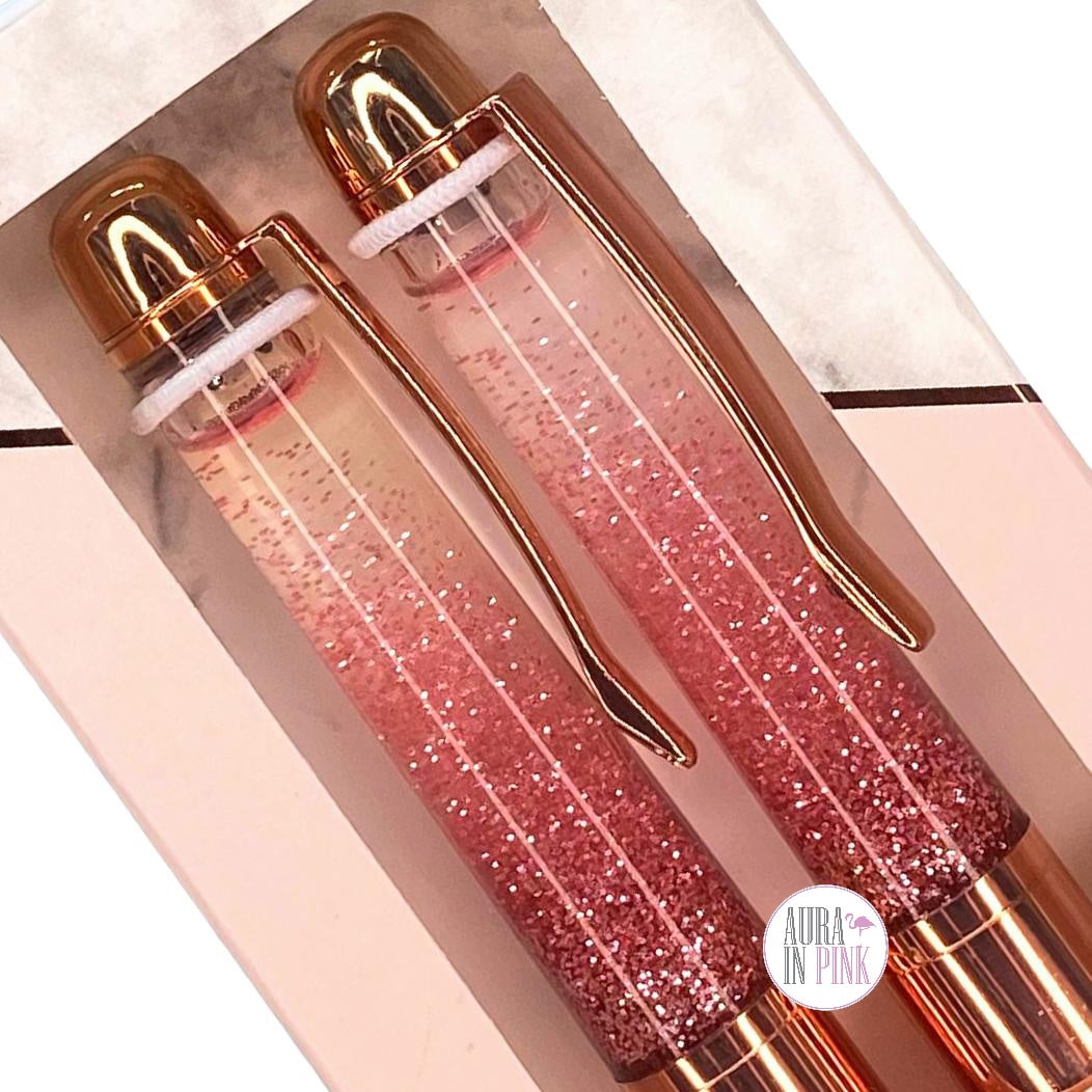 Pink Glitter Liquid Bling Metallic Rose Gold Dual Ballpoint Pens Boxed ...