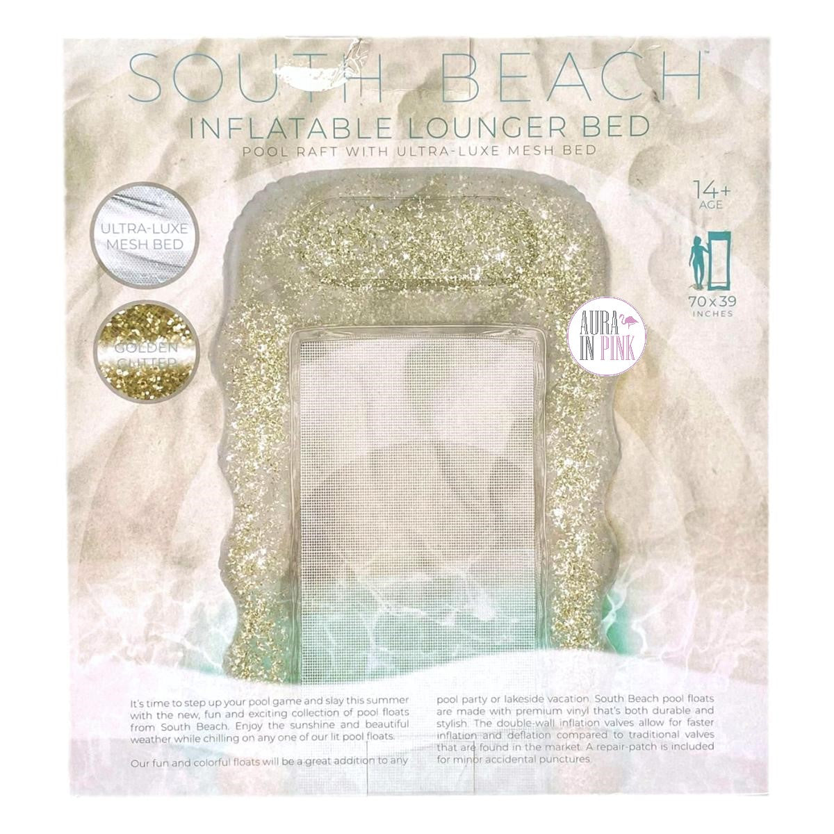 South Beach Ultra-Luxe Gold Glitter Mesh Bed Inflatable Pool Lounger F ...