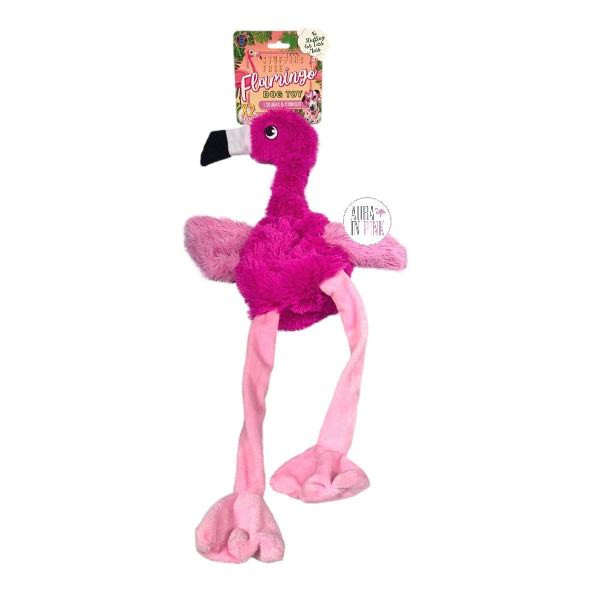 Bow Wow Pet Stuffing Free Pink Flamingo Squeaky Crinkle Plush Dog Toy ...