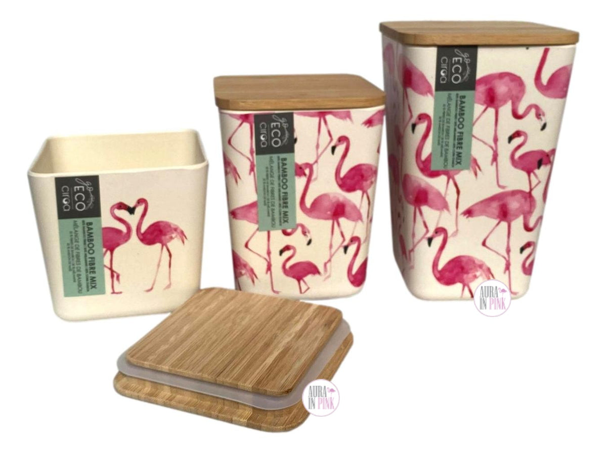 Ciroa Eco Bamboo Fibre Mix Pink Flamingo Square Canisters w/Wooden Lid ...