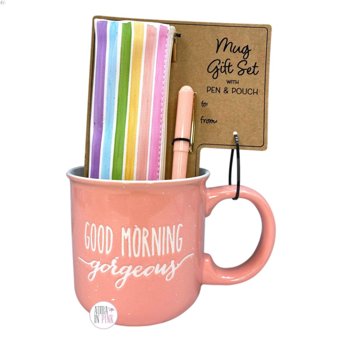 Eccolo Good Morning Gorgeous Peachy Pink Large Coffee Mug w/Pen & Rain ...