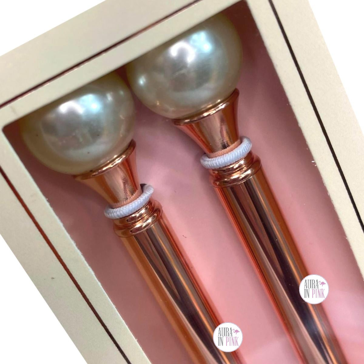 Jumbo Pearl Bling Top Metallic Rose Gold Dual Ballpoint Pens Boxed Set ...