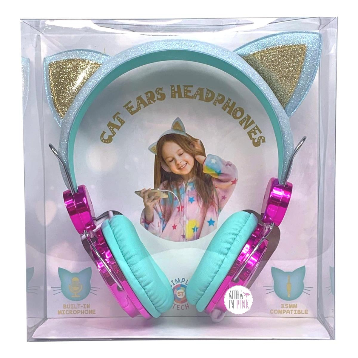 Simply Tech Aqua Glitter & Purple Chrome Cat Ears Headphones w/Microph ...